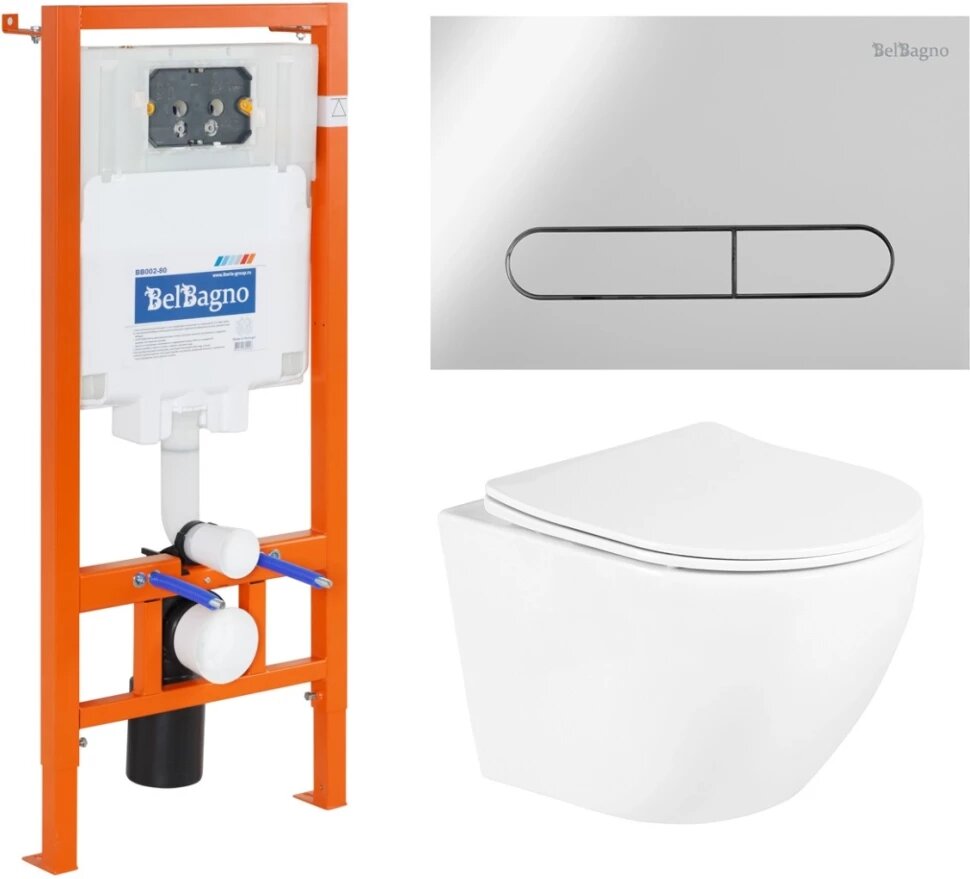 Комплект инсталляция с унитазом BelBagno Prospero BB3105CHR/SC/BB002-80/BB005-PR-CHROME с кнопкой смыва, хром + унитаз подвесной BelBagno Uno безободковый, с сиденьем микролифт, белый