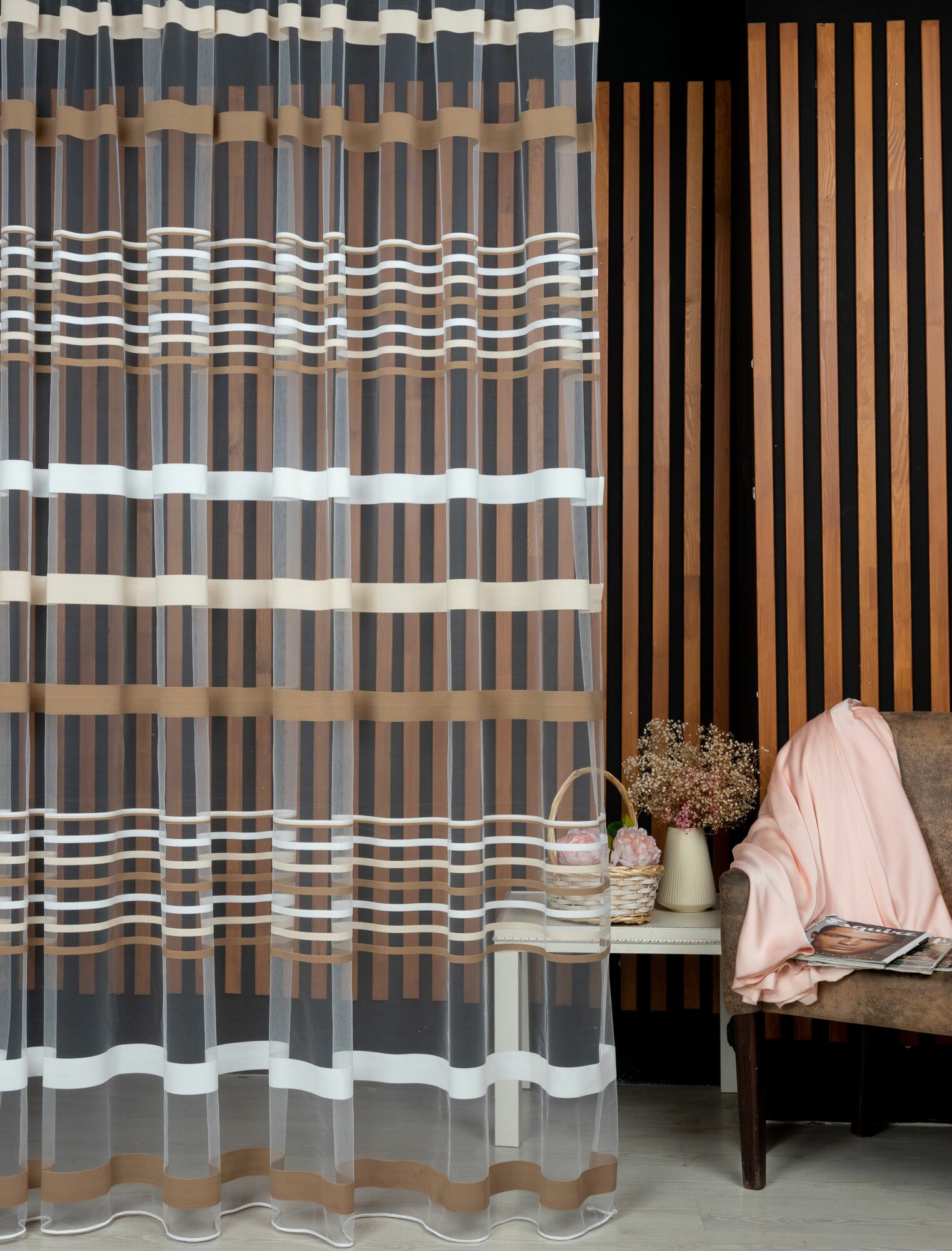 Тюль в полоску высота 250 см, ширина 400 см крепление-Лента. Тюль для гостиный, спальни, зала, детской комнаты, кухни, комнаты. Занавески и шторы.