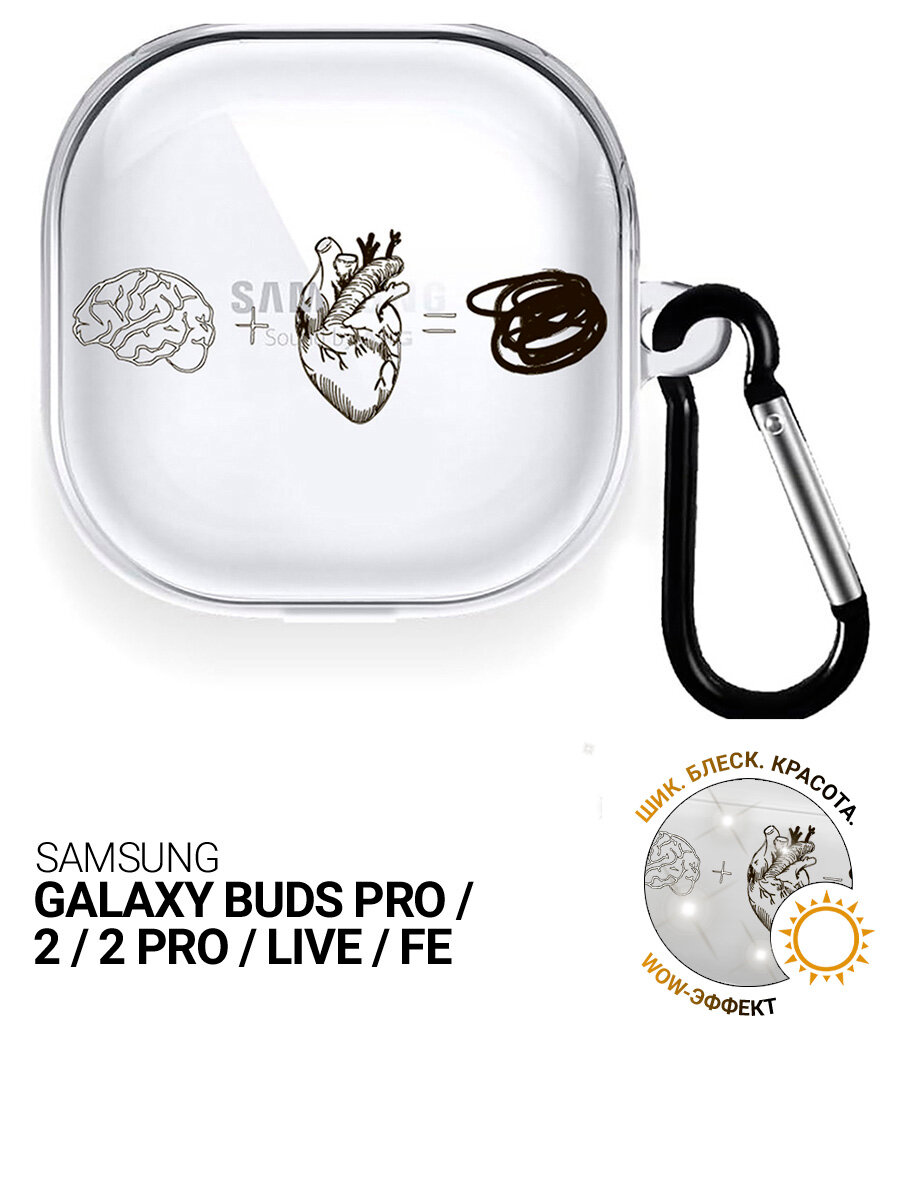 Чехол на Samsung Galaxy Buds Pro / 2 / 2 Pro / Live / FE с принтом "Мозг плюс сердце" прозрачный