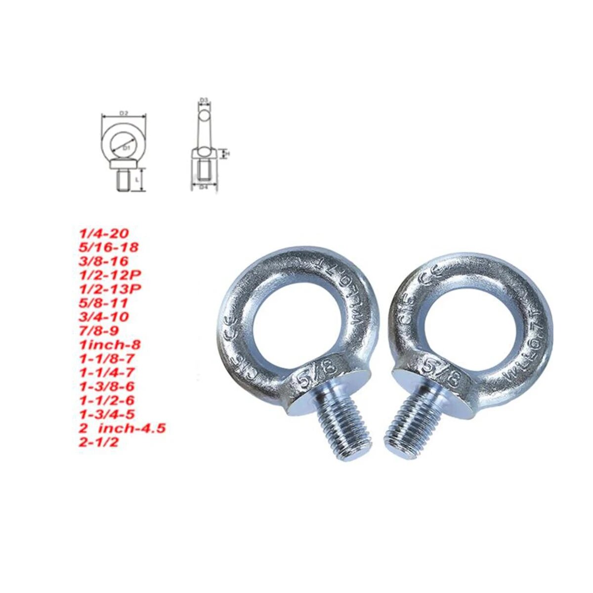 Стальной подвесной болт с проушиной 1/4 5/16 3/8 1/2 3/4 1 2 дюйма 3of8 inch 2 pcs