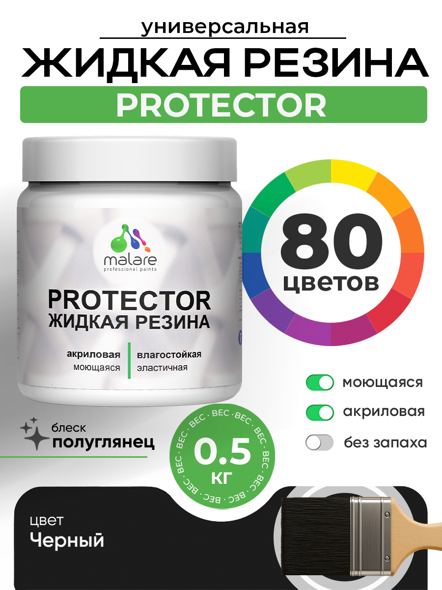 Жидкая резина Malare PROTECTOR, эластичная резиновая краска для внутренних и наружных работ, универсальная для дерева, бетона, металла, быстросохнущая, влагостойкая, полуглянцевая, черный, 0.5 кг