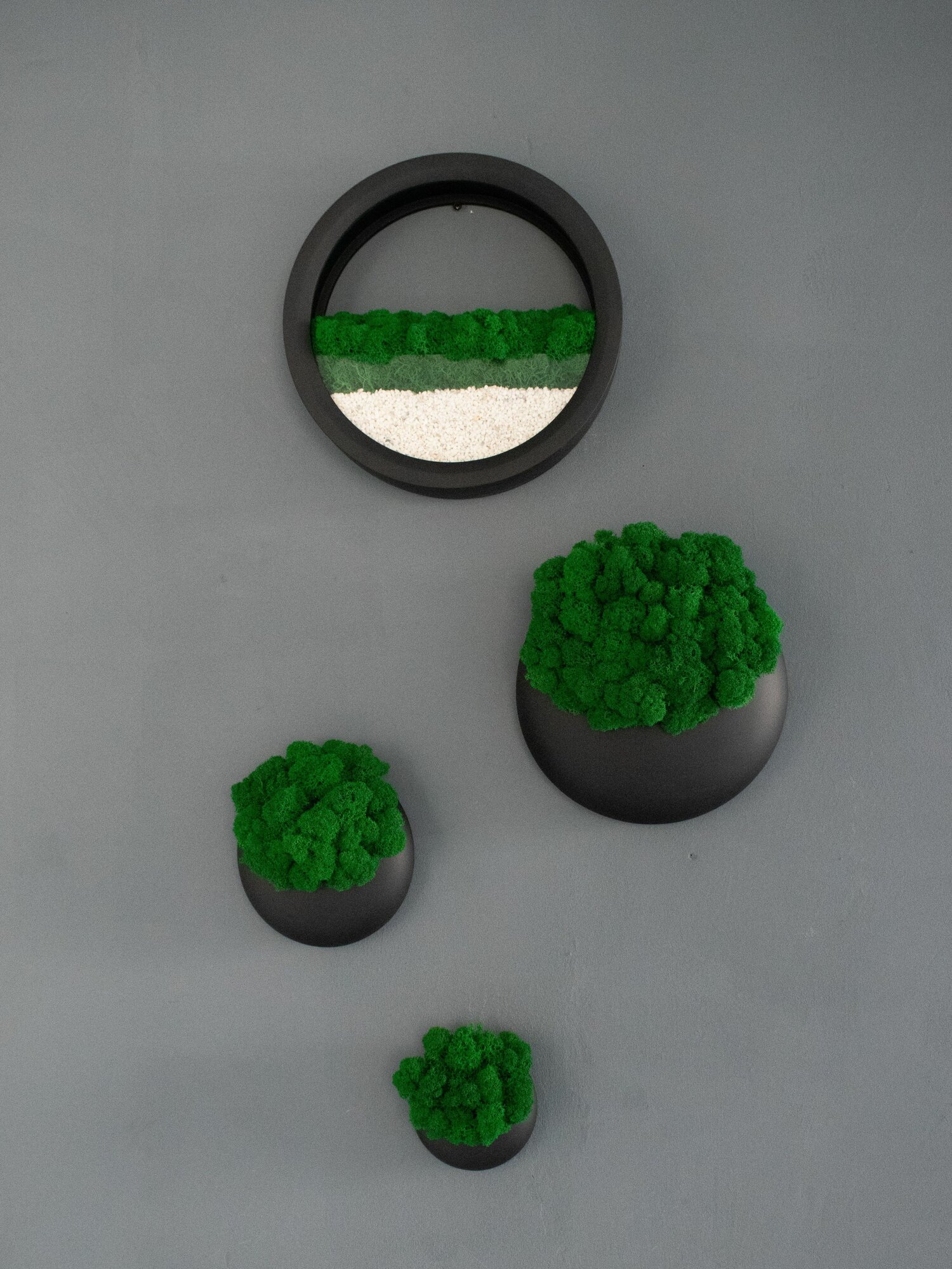 Набор черных настенных декоративных ваз из гипса 4 шт 10, 15, 20, 25 см с стабилизированным мхом из гипса с сухоцветами на стену интерьерная с искусственными цветами настольная, Molecula Decor