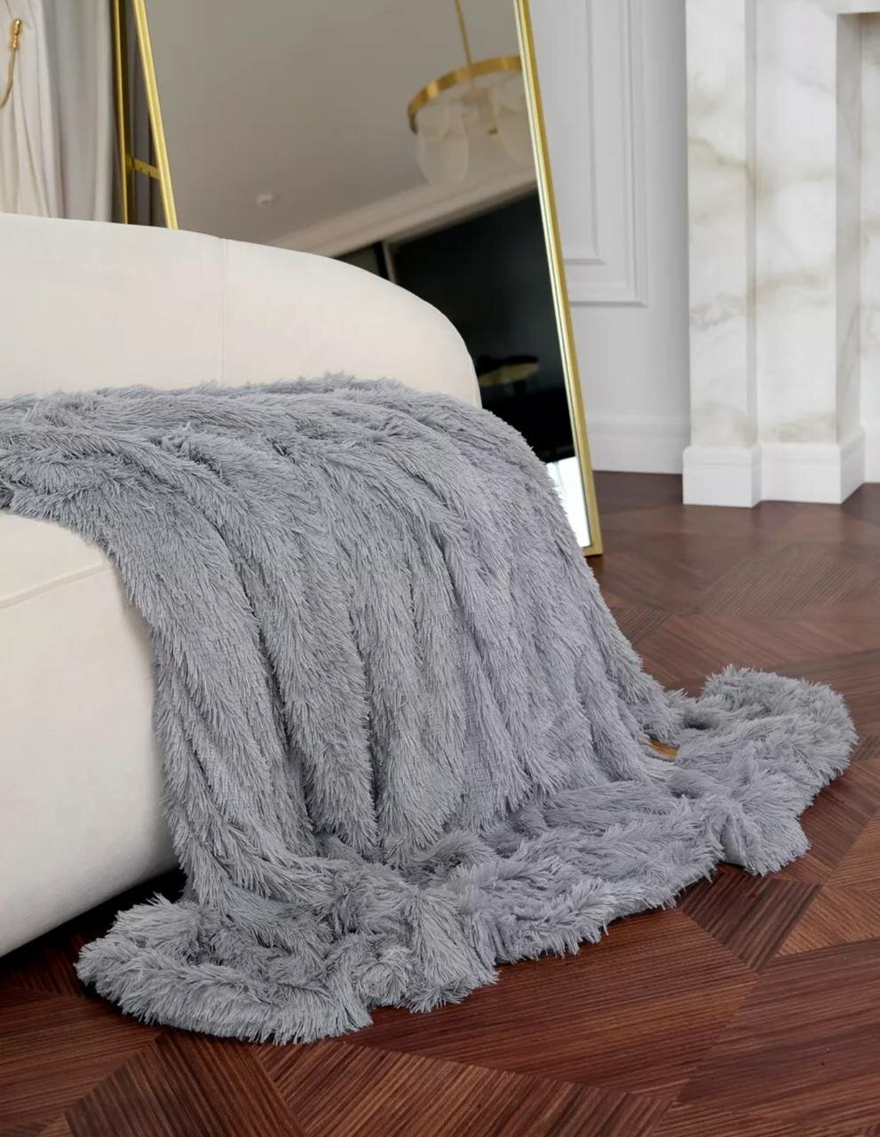 Плед 200x220 см, светло-серый, из искусственного меха. Мягкий, легкий, для дивана и кровати