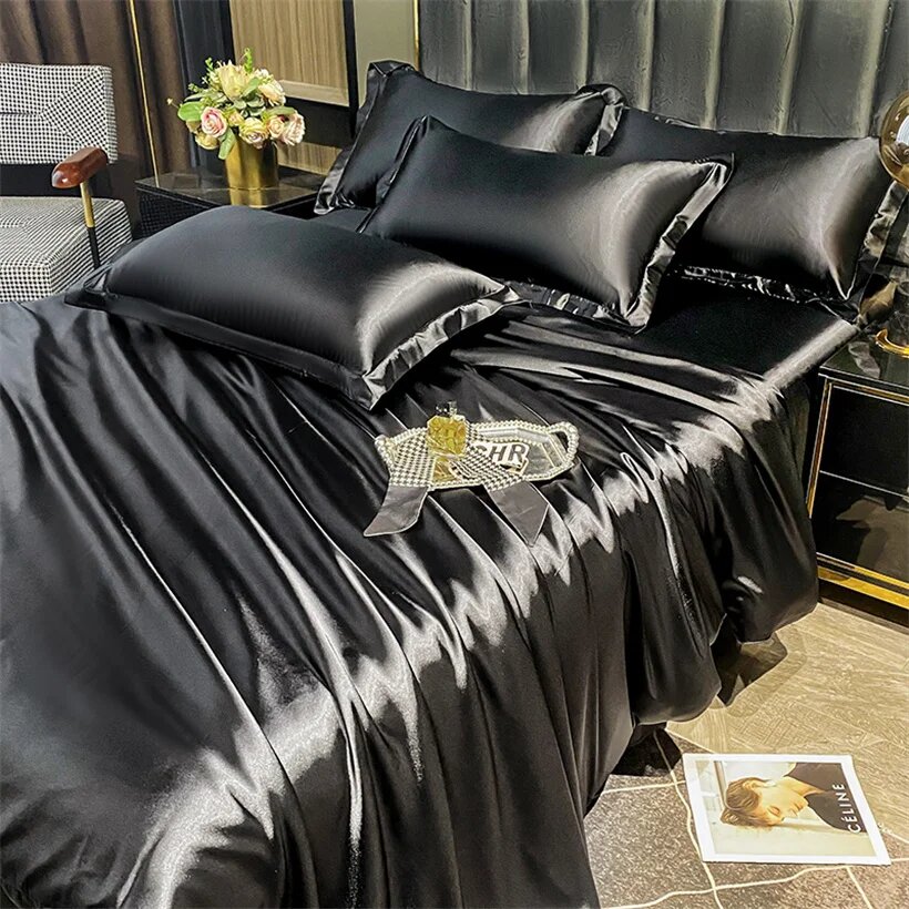 Комплект постельного белья Dreamreal из шелка и полиэстера Черный, Queen Size 4pcs, черный