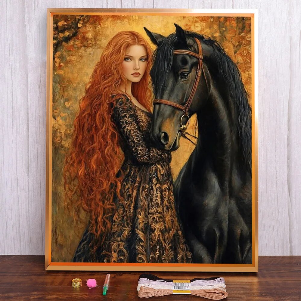 Комплект для вышивания "Девушка на лошади" Meian 40x50cm, 11CT Cotton Thread