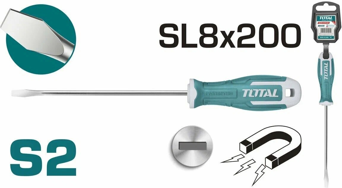 Отвертка шлицевая SL8х 200 мм TOTAL THT268200 с магнитным наконечником