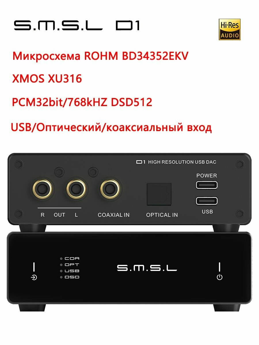 Портативный усилитель SMSL D1 с USB/оптическим/коаксиальным входом, прецизионным декодированием BD34352EKV XMOS XU316 Audio DAC, аудиодекодер высокого разрешения PCM32bit/768 кГц DSD512