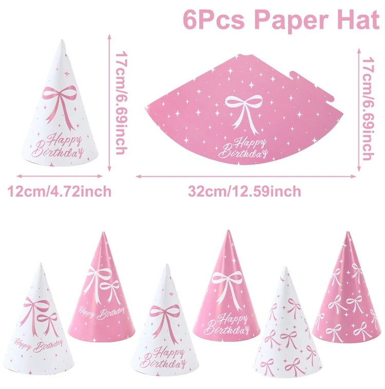 Бумажные шляпы для дня рождения Wayfun, 6 шт, розовые с белыми бантами