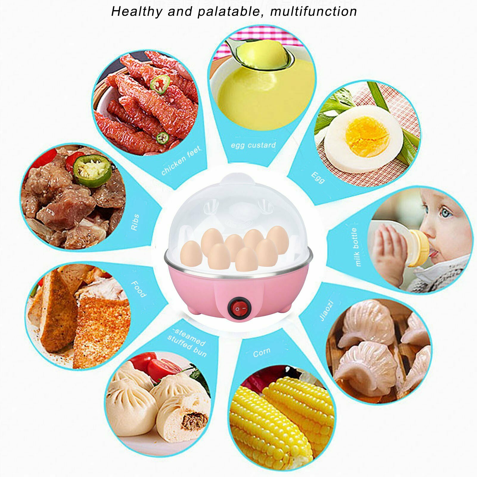 Куриная яйцеварка для приготовления до 7 больших вареных яиц, защита от сухого горения, автоматическое отключение, яйцеварка-браконьер с нагревательной пластиной, вилка европейского стандарта, 110 В, розовый