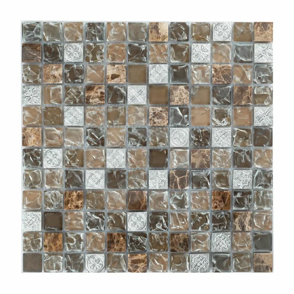 Плитка мозаика КерамограД стеклянная с камнем на сетке для ванной и душевой, влагостойкая износостойкая, 30х30см / 1 сетка