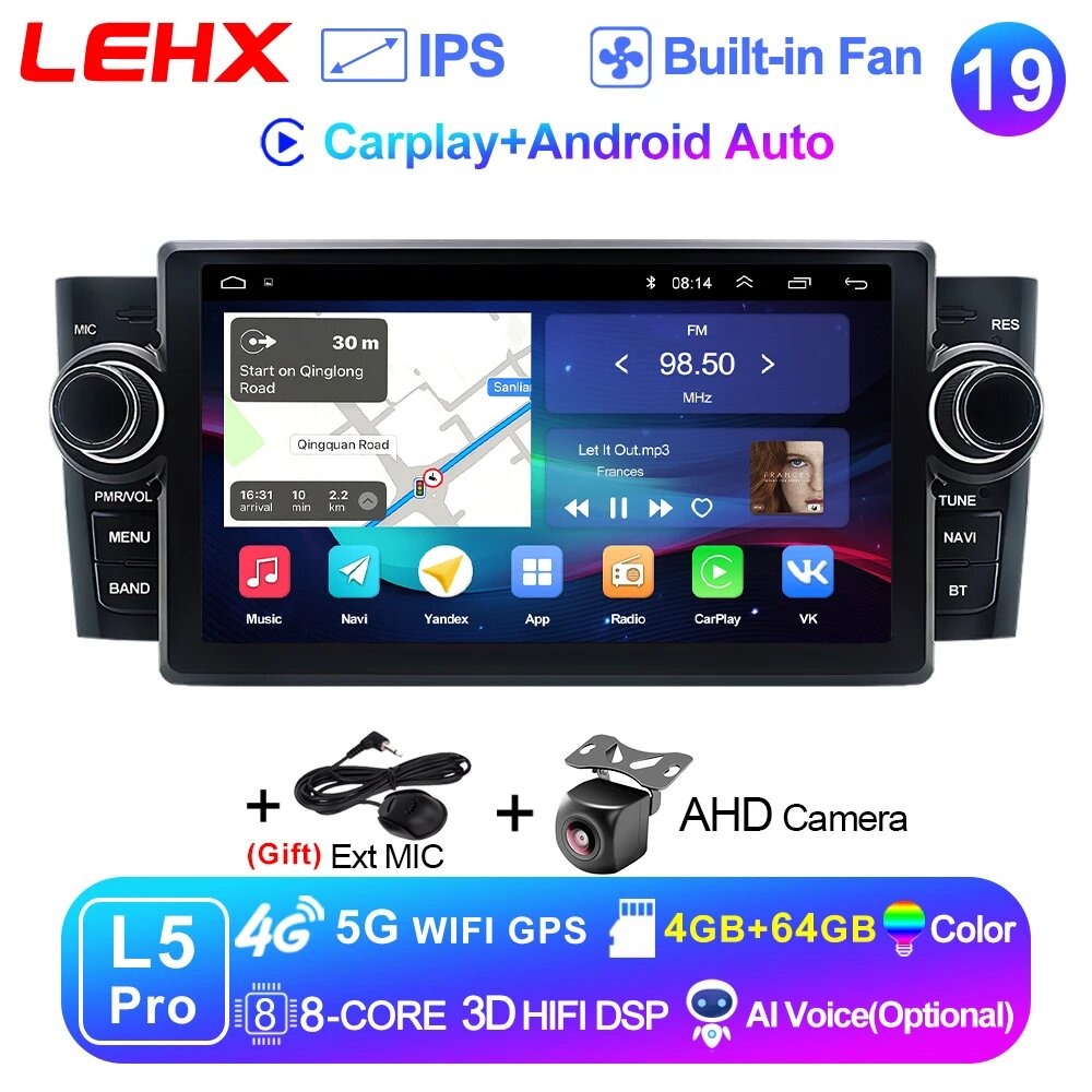 Автомагнитола LEHX L6 Pro 1DIN Android 14, мультимедийная Автомобильная магнитола для Fiat Punto Grande Linea 2007-2012, GPS-навигация, головное устройство для Carplay, dvd