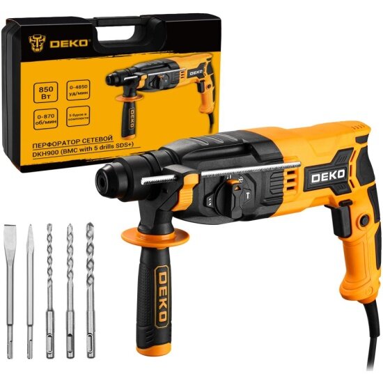 Перфоратор сетевой Deko DKH900 в кейсе с набором из 5 буров SDS+, 850Вт (083-1044)