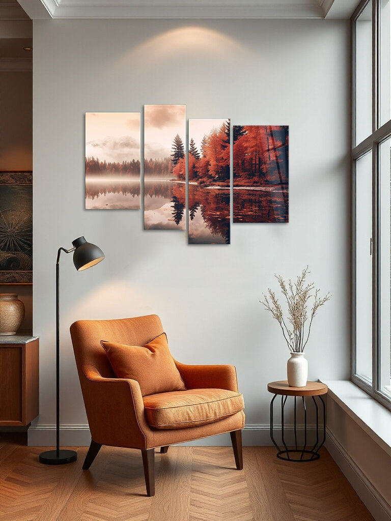 Картина модульная 140х100 см на стекле для интерьера/ Осень на озере, Diva Kartina