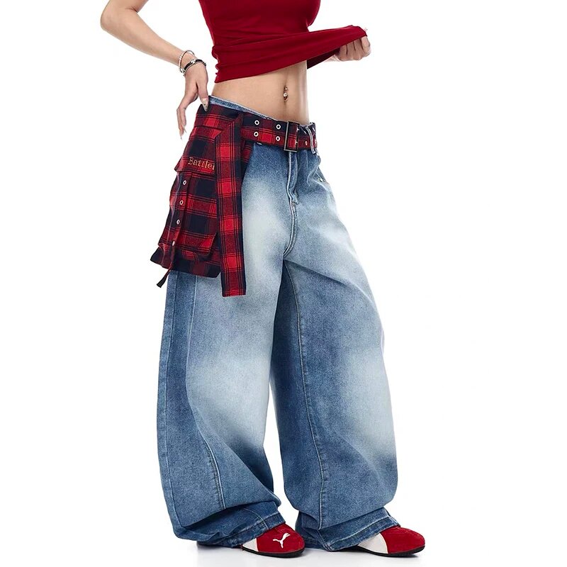 Женские джинсы Чистый цвет Синее Oversize Харадзуку японский 2000-х свободное длинное винтаж