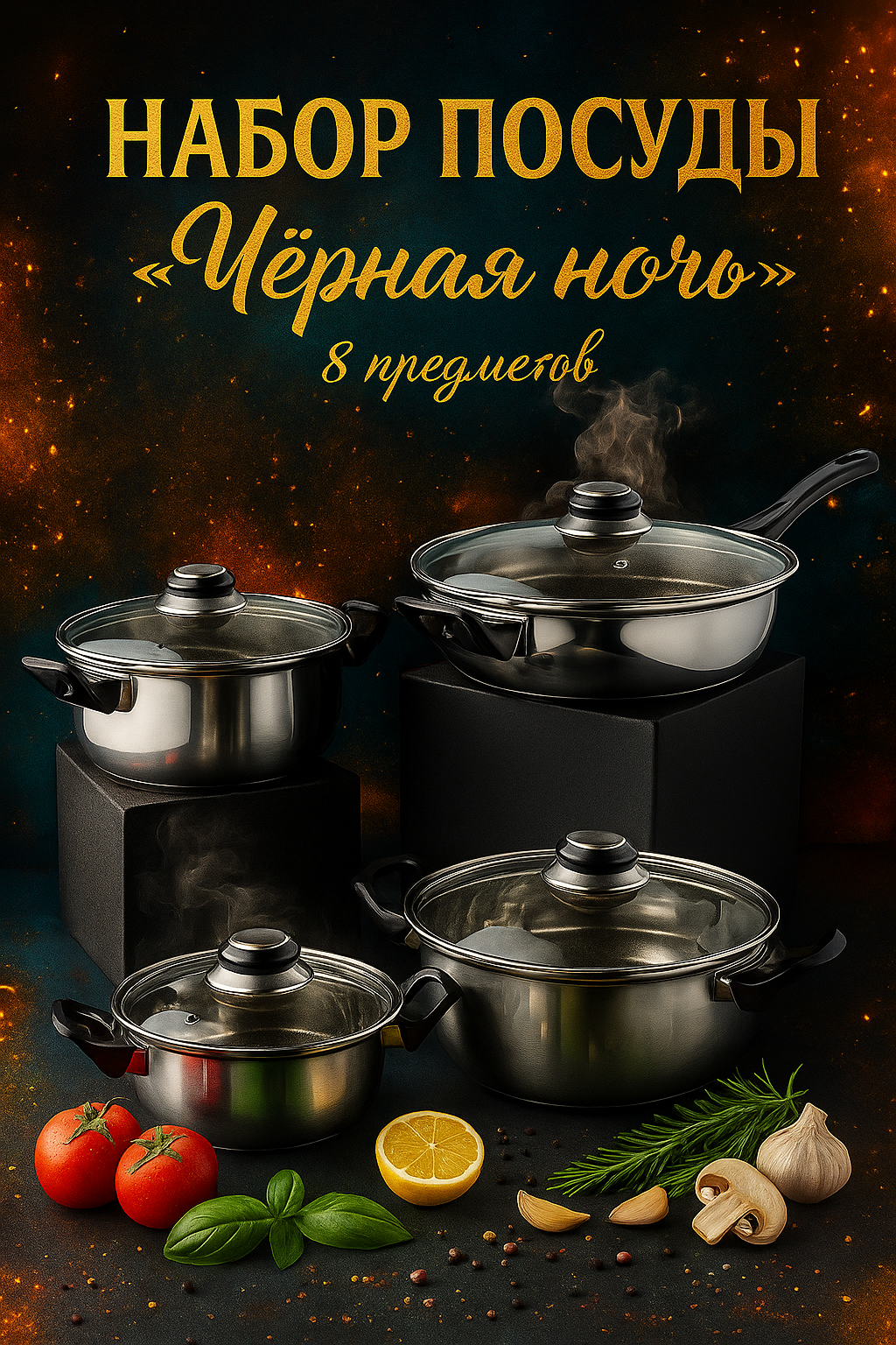 Набор 8 предметов "Черная ночь": кастрюли 1,5л 2л/3л, сковорода 24см, 4 крышки
