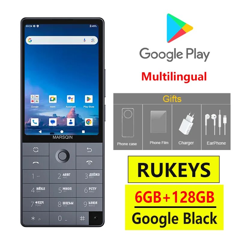 Qin F25 MTK8786 не разблокирует Google Play Android 14, два SIM-карты, 6 ГБ + 128 ГБ, 2700 мАч, WIFI, Bluetooth, сенсорный экран 3,54 дюйма EU All Gifts, russia, Rukeys Google Black