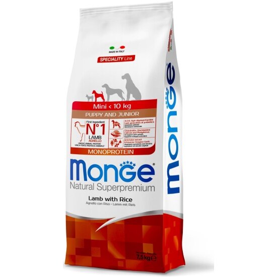 Корм сухой для щенков мелких пород Monge Dog Speciality Line Monoprotein из ягненка с рисом 7,5 кг