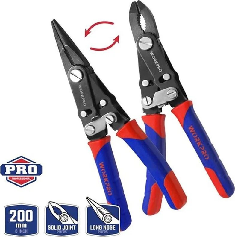 Плоскогубцы WORKPRO WP231084, сталь, 2 шт, длина 20 см, синие/красные