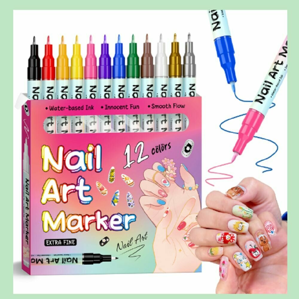 Набор акриловых маркеров для ногтевого дизайна, 12 цветов, с кисточкой