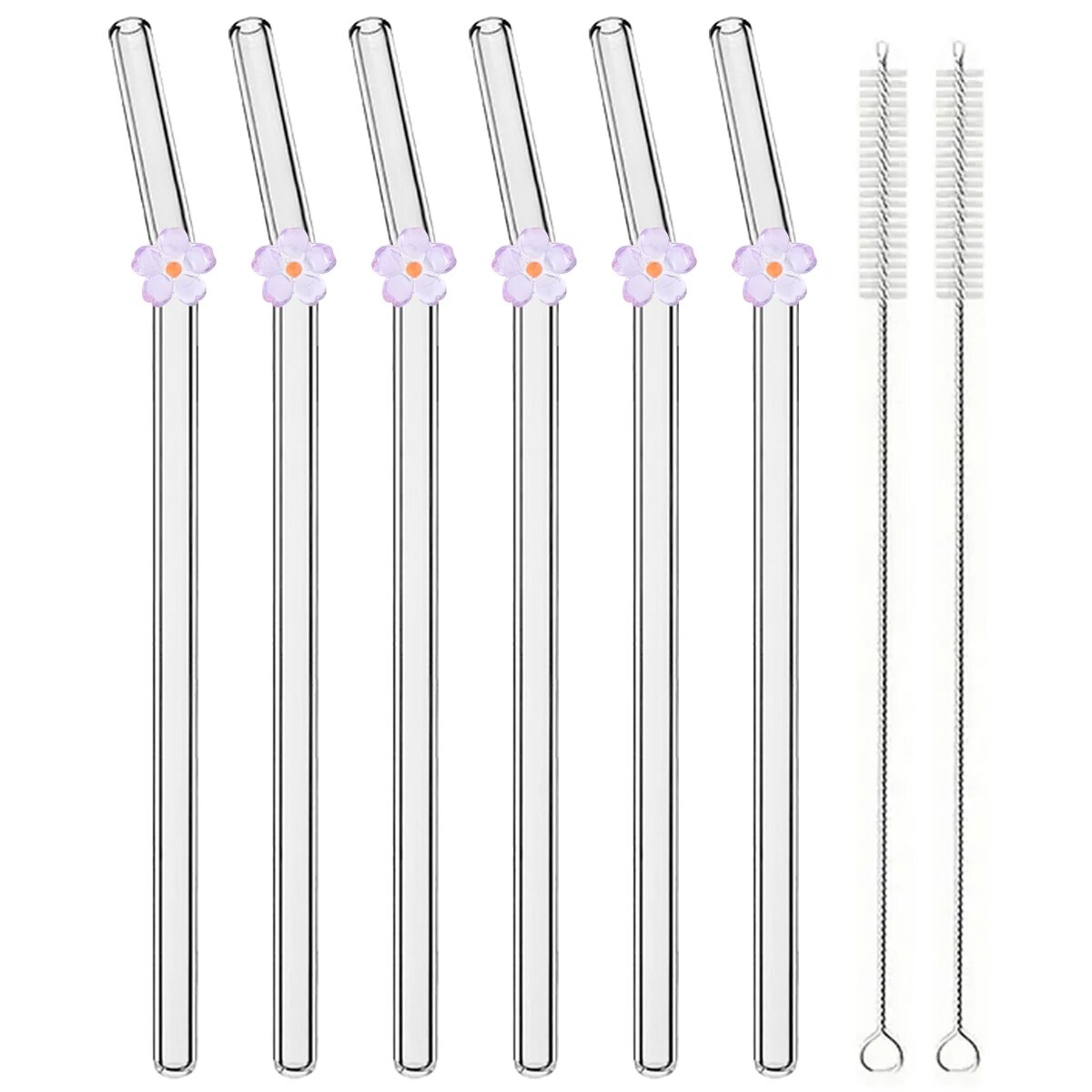6pcs Стеклянные питьевые соломки цветочная согнутая соломка с щеткой.