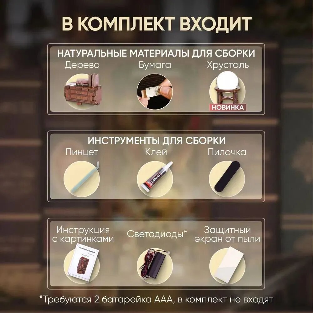 Румбокс Хрустальный глобус. Сборная модель библиотеки Уокера, 520 деталей, с подсветкой, деревянный конструктор — фото 1