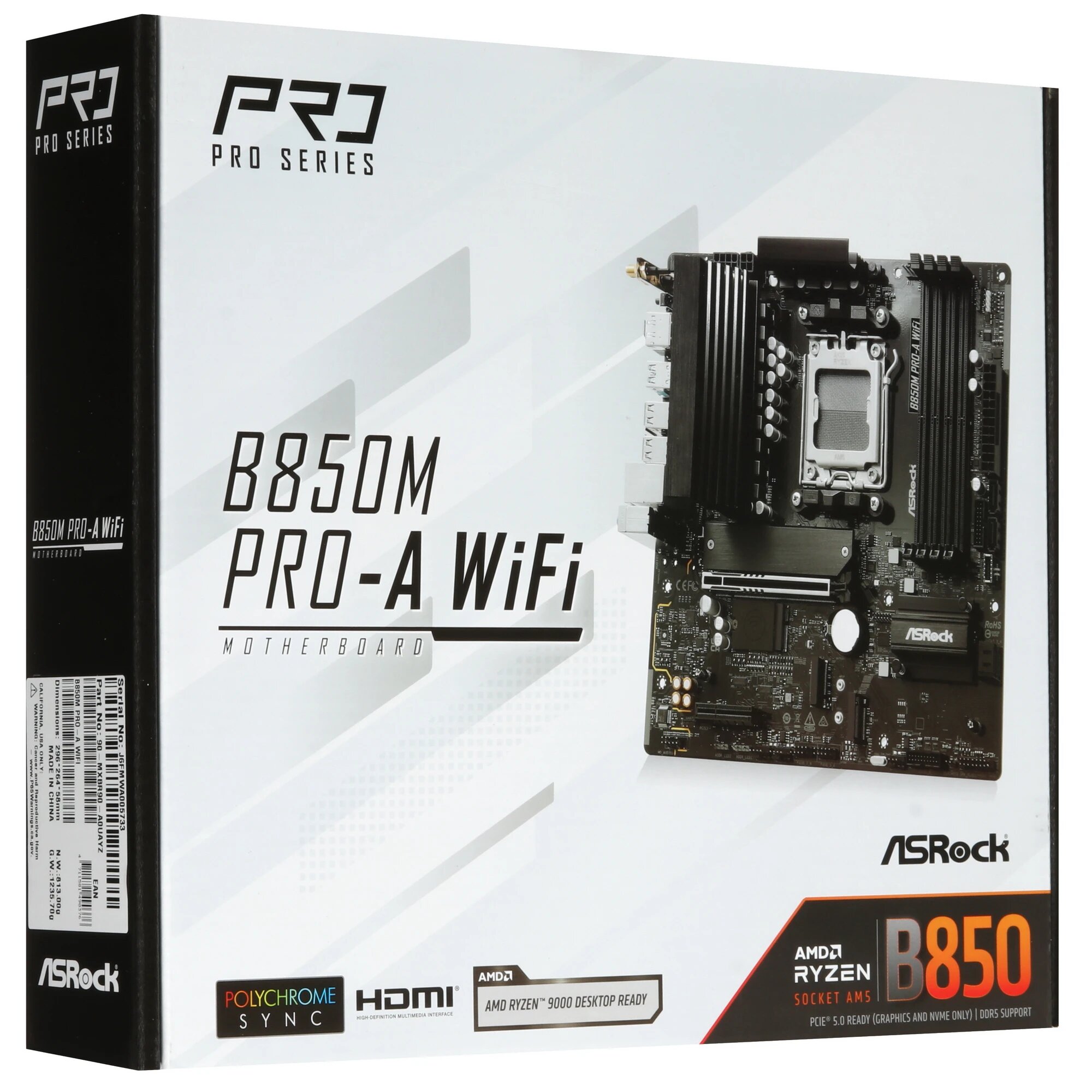 Материнская плата ASROCK B850M PRO-A WIFI, AM5, AMD B850, 4xDDR5, 4xSATA, 3xM.2, 1xPCIe 5.0 x16, 1xPCIe 3.0 x4, 1xDP, 1xHDMI, 1x2.5Gb LAN, Wi-Fi 6E, Bluetooth 5.2, 1xUSB-C 10Gbps, 1xUSB-A 10Gbps, 2xUSB-A 5Gbps, 4xUSB-A 2.0, 3x3.5 мм, 7.1, mATX