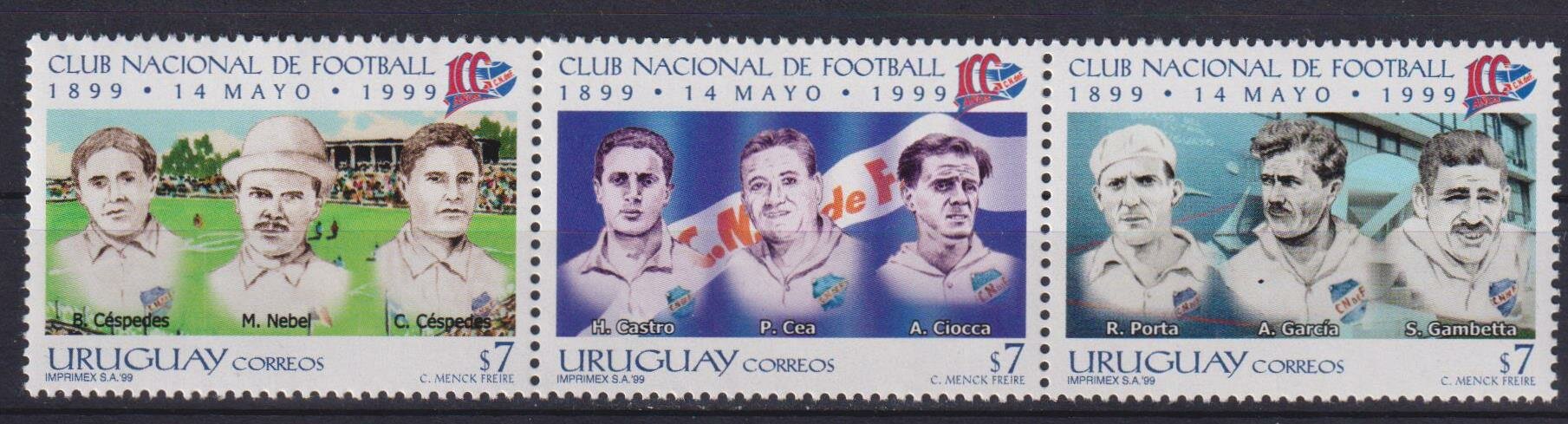 Почтовые марки Уругвай 1999г. "100 лет со дня основания футбольного клуба Nacional" Футбол MNH
