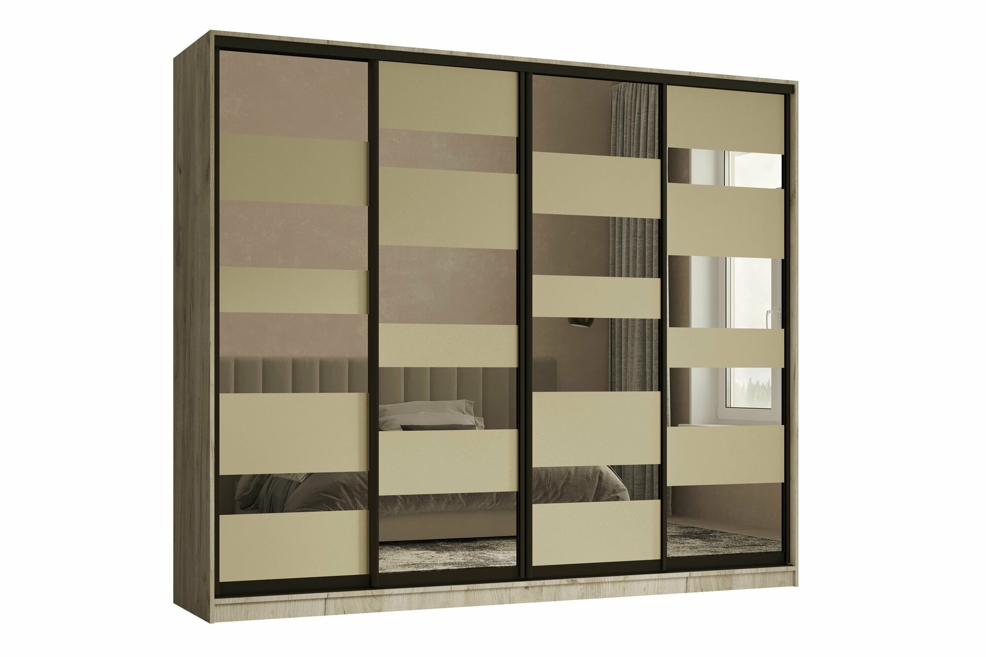 Шкаф купе, для одежды Дарден 4, Легкомаркет, с зеркалом бронза и пескоструйным рисунком, 220х60х240, белье/платье/платье, дуб крафт серый, профиль коньяк