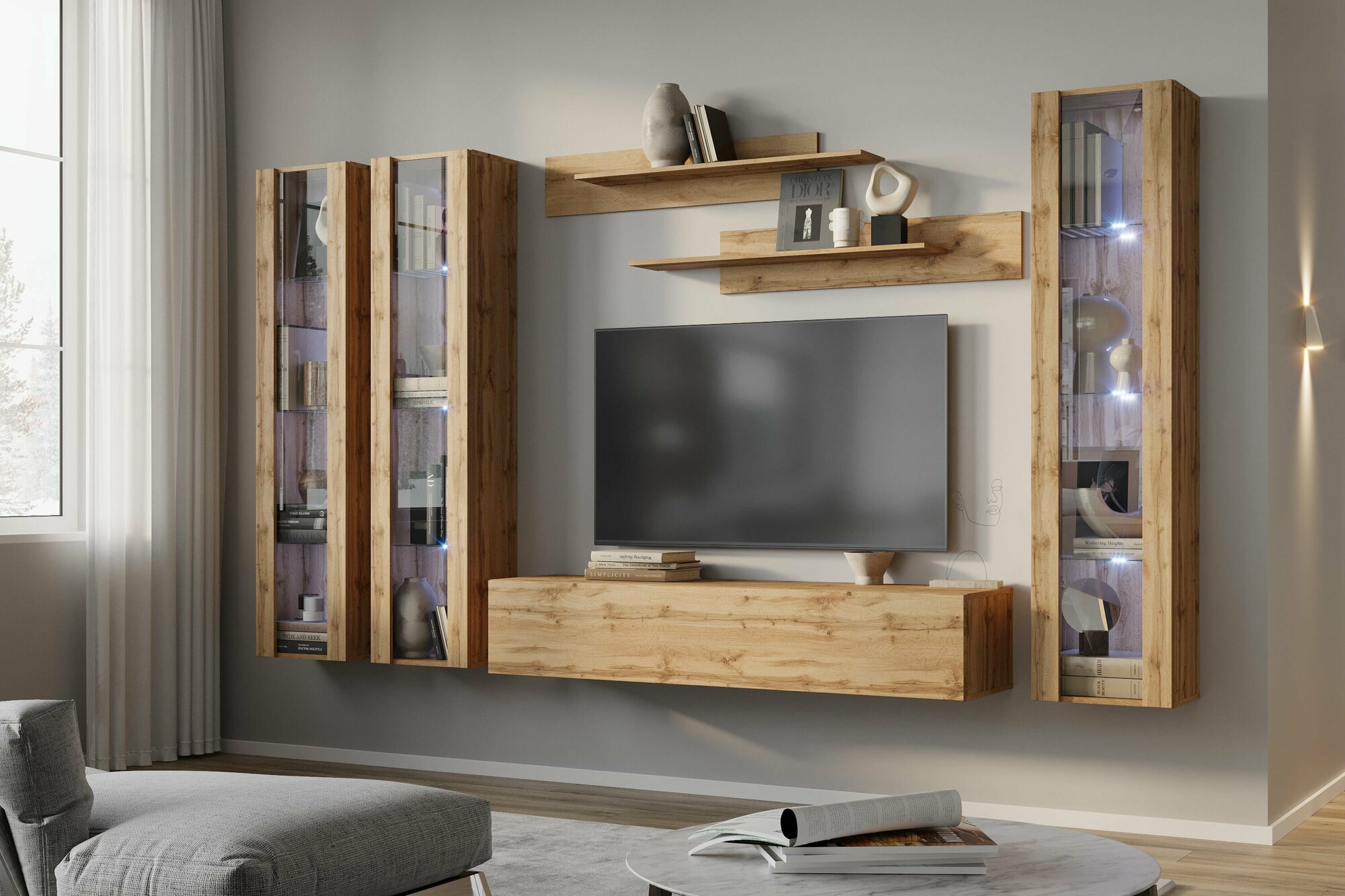 Стенка для гостиной POINT-К14DV, модульная гостиная, тв тумба подвесная, Дуб Вотан, 360х170х40 см. (ШхВхГ)