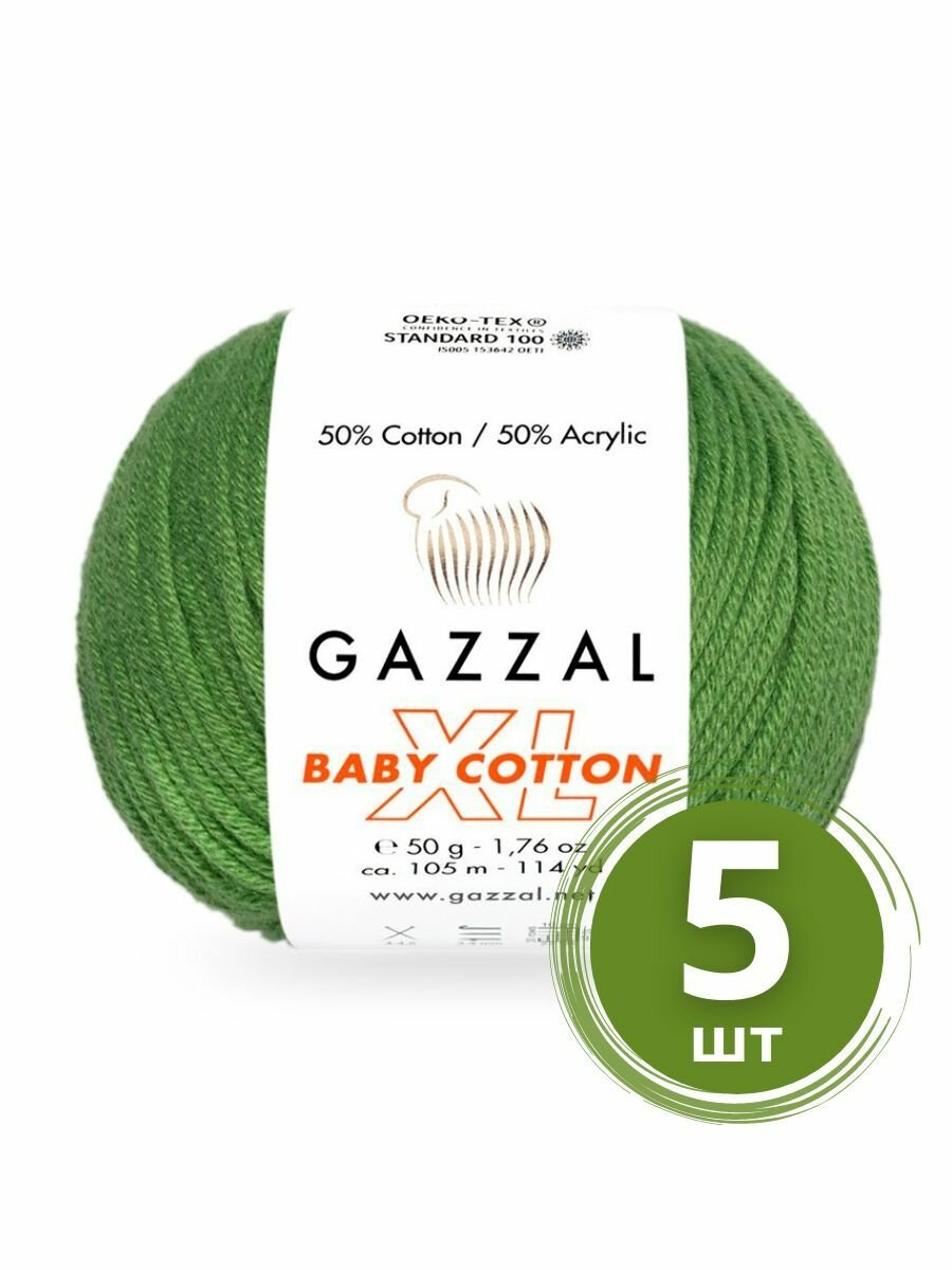 Пряжа Gazzal Baby Cotton XL (Беби Коттон XL) - 5 мотков Цвет: 3449 Хаки 50% хлопок, 50% акрил, 50 г 105 м