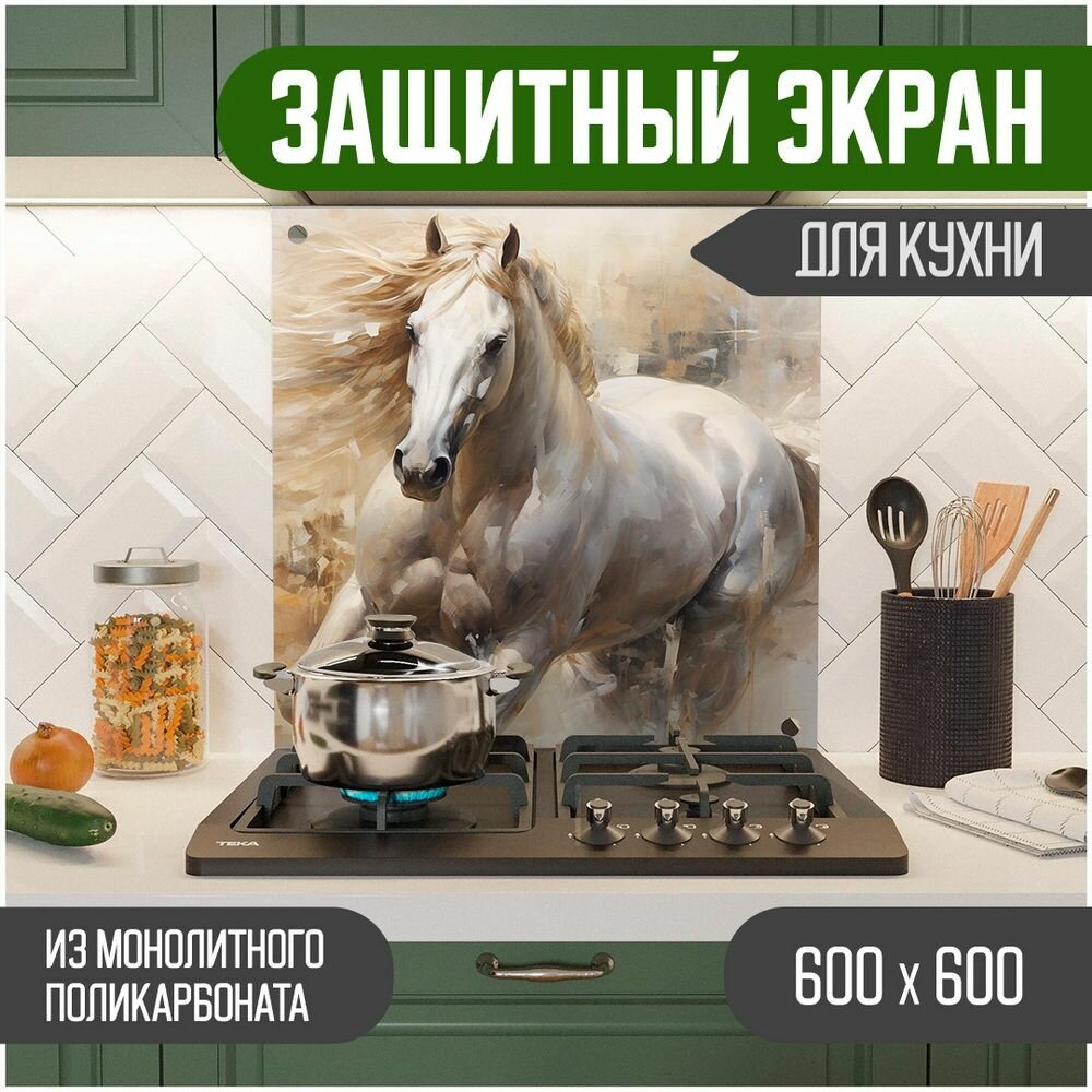 Фартук для кухни, защитный экран из акрилового стекла (поликарбонат) на кухонный фартук в зону мойки и плиты с фотопечатью. Панель на стену с рисунком Лошадь 600 х 600 х 3 мм, 600-038