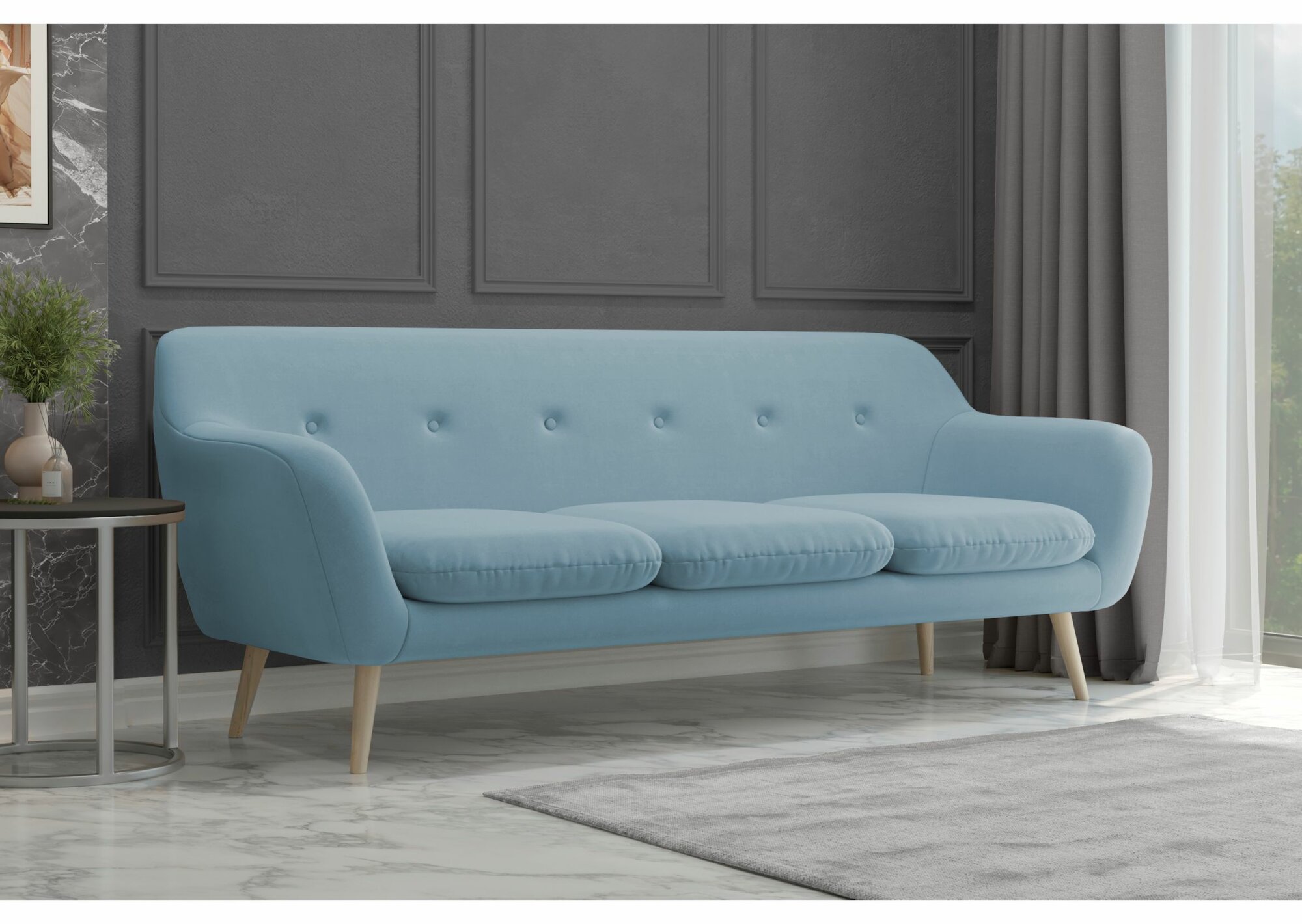 Диван прямой нераскладной Дайсон трехместный в цвете голубой (БЛУ)
