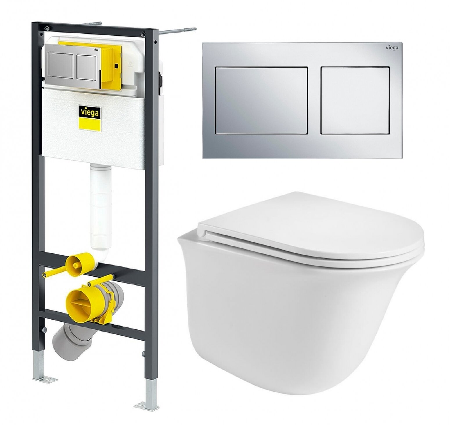 Комплект 3 в 1 инсталляция Viega Prevista Dry 8524.14 792596 + Подвесной унитаз WeltWasser Telbach 004 GL-WT + кнопка хром