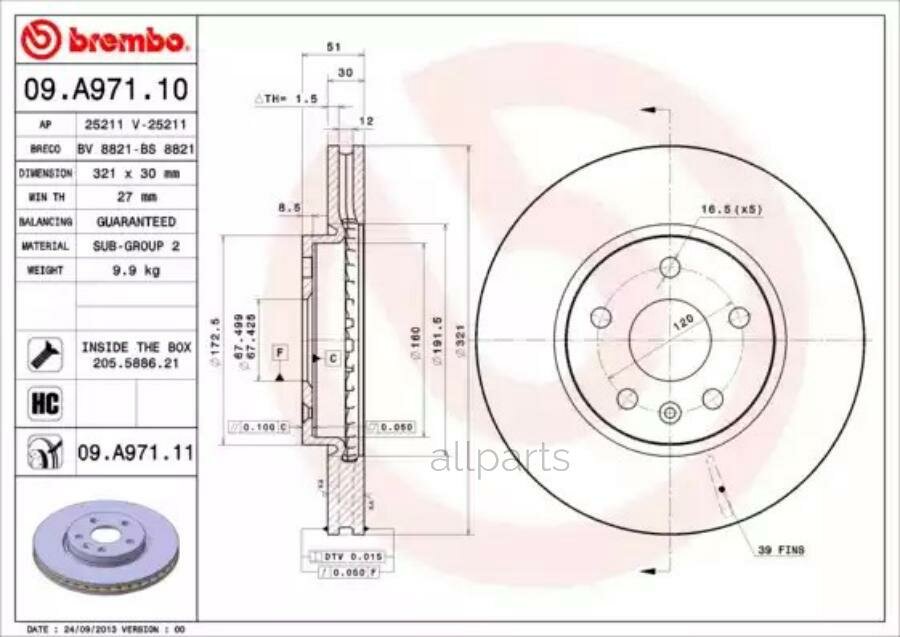 BREMBO 09. A971.11 Диск тормозной передний OPEL INSIGNIA/SAAB 95 ALL 08-> /VENT. D=321MM BREMBO 09. A971.11