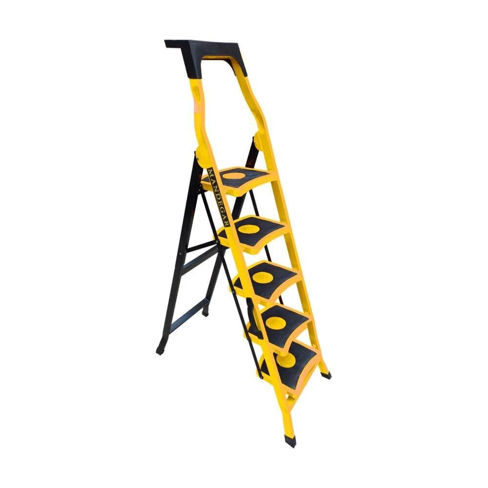 Стремянка Стальная Mandegar Sama Желтого Цвета С 5 Широкими Ступенями , Рабочая Высота 3.20 М, Нагрузка 150 Кг.