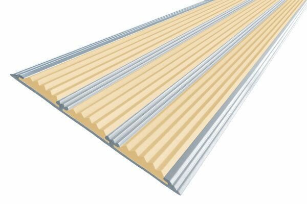 Алюминиевая полоса противоскользящая с тремя вставками 100мм, 1.5 метра бежевая, накладка на ступени против скольжения