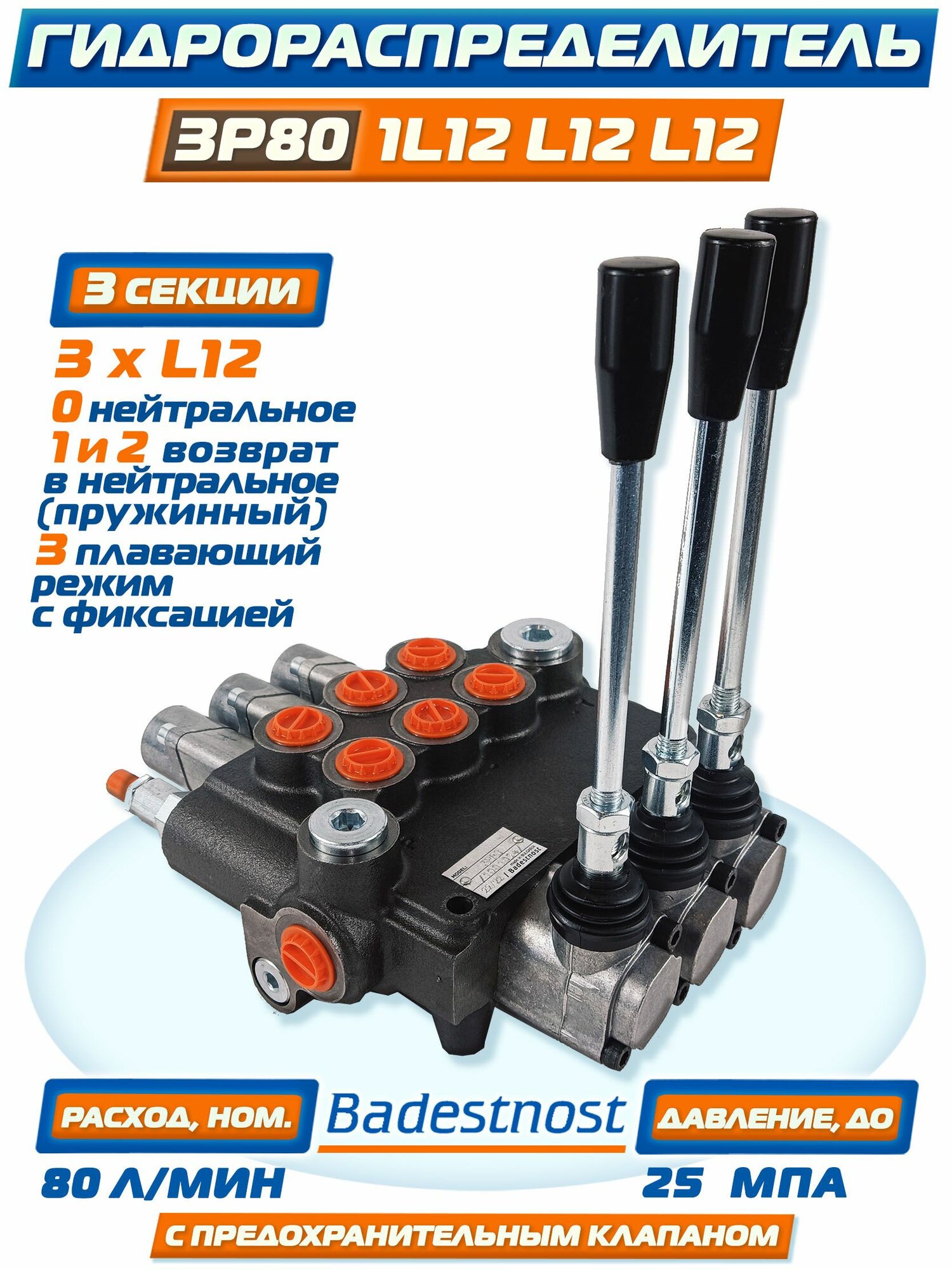 Гидрораспределитель 3P801L12L12L12 Gkz1, "Badestnost" Болгария, 80 литров в минуту, 3 секции с плавающим режимом.