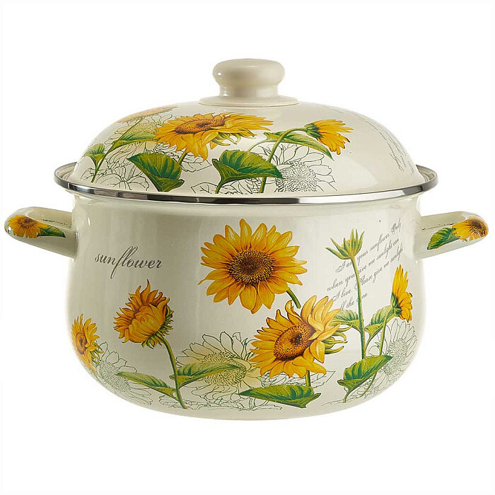 Кастрюля 3,6 л, 22 см эмалированная с эмалированной крышкой MetaLLoni EM-1511 "Подсолнухи"