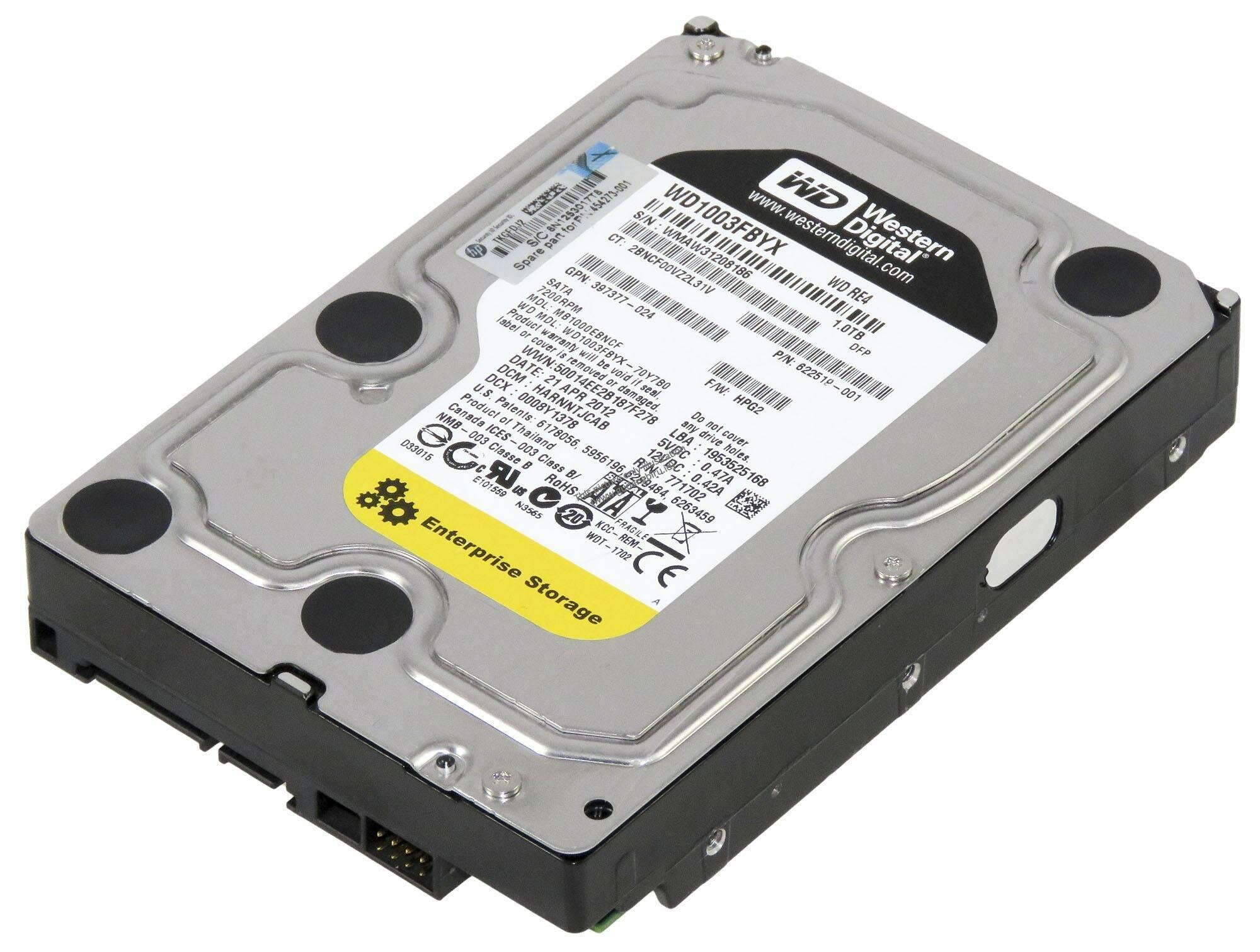 Жесткий диск HP 1TB SATA, 7.2K RPM, 3.5 LFF, MDL, NCQ For Gen5 Gen5p Gen6 Gen7 (WD1003FBYX) (622519-001) (OEM)