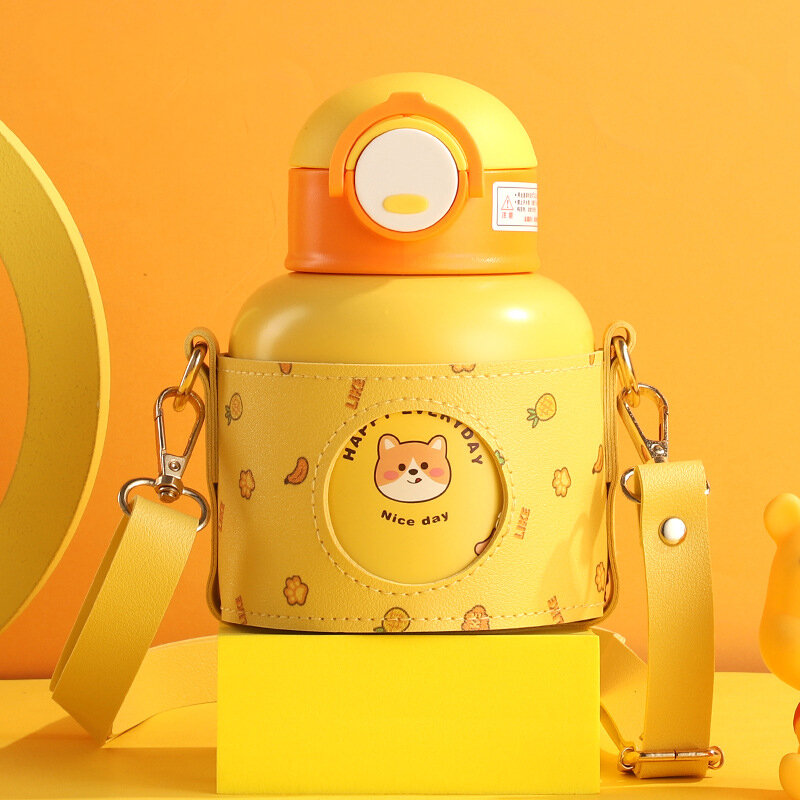 Термос Xiangte, детский, в чехле, с трубочкой, жёлтый, пластиковый