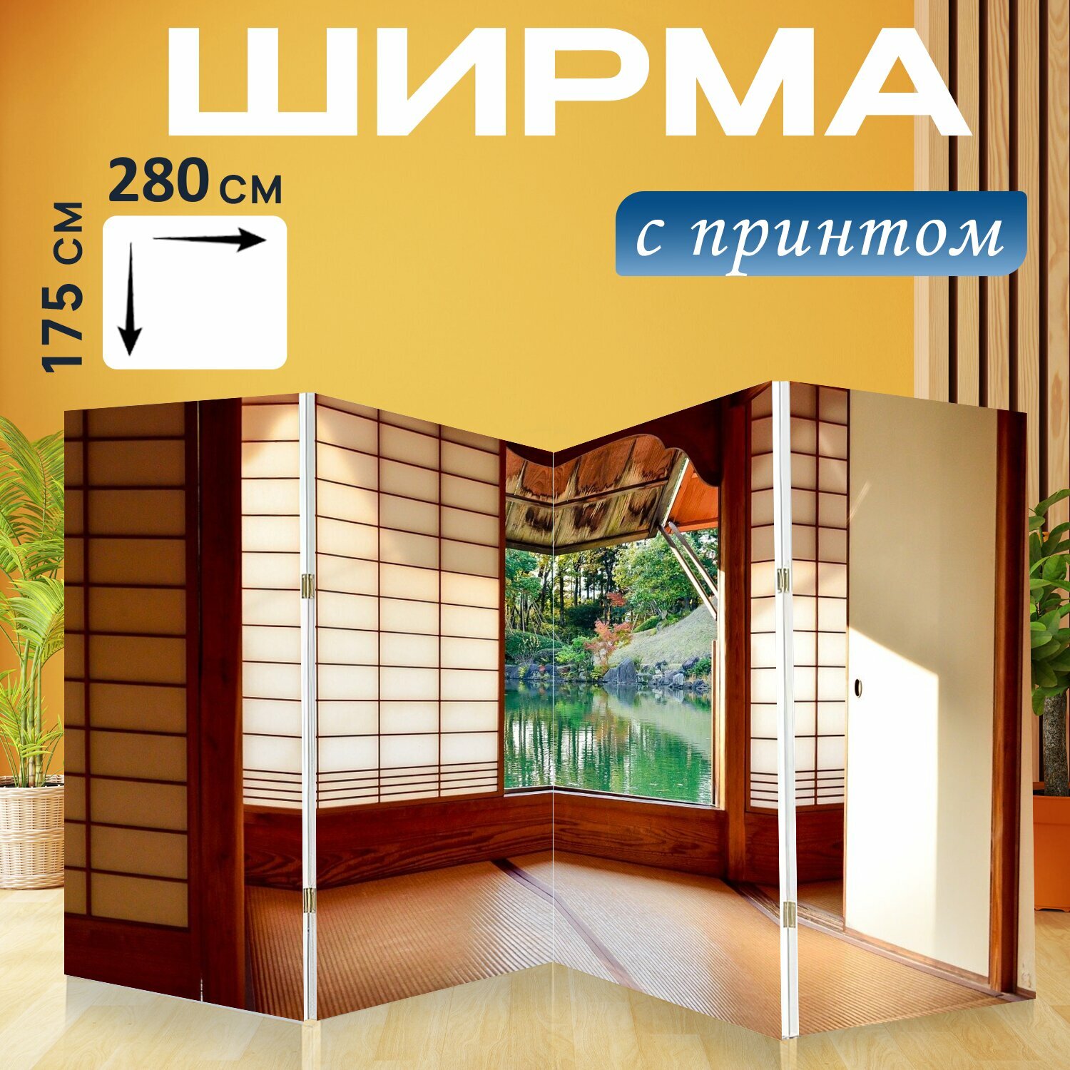 Ширма "Япония, номер в японском стиле, дома" перегородка для зонирования комнаты с принтом 280x175 см. на холсте