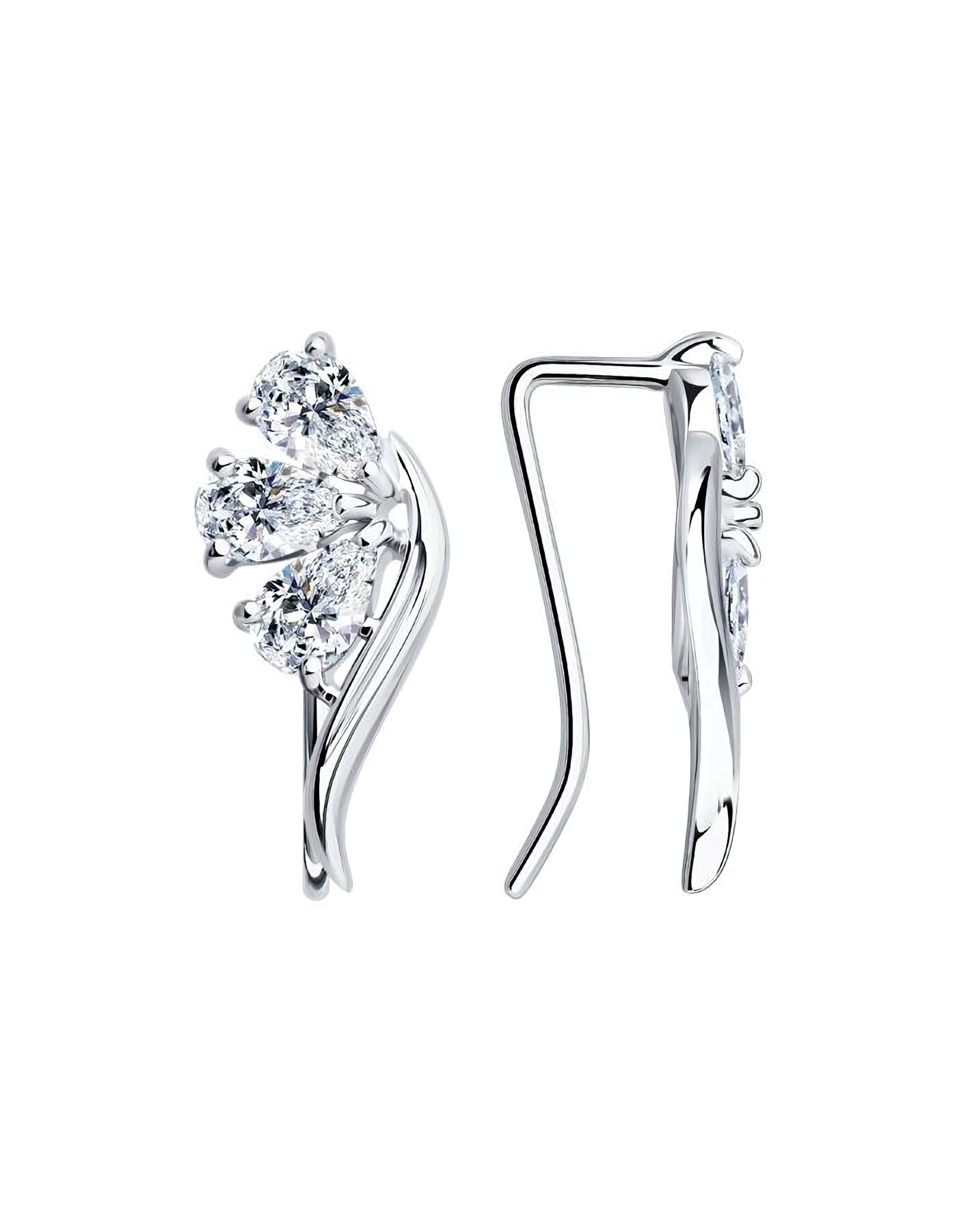 Серьги каффы, серебро, 925 проба, родирование, фианит