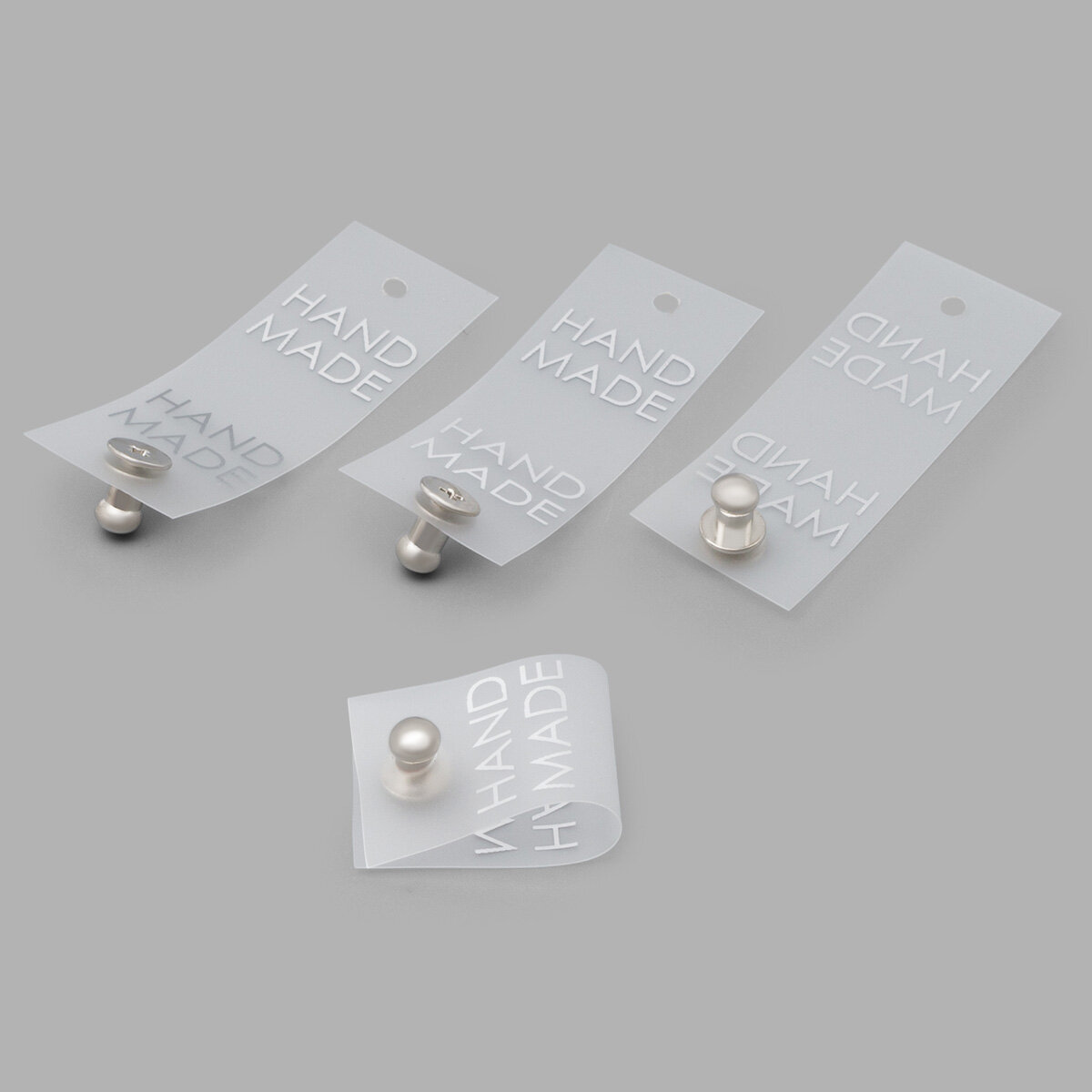 Бирки силиконовые 'Hand Made' с кнопкой, двусторонние, 2*6 см (серебряная печать), 4 шт