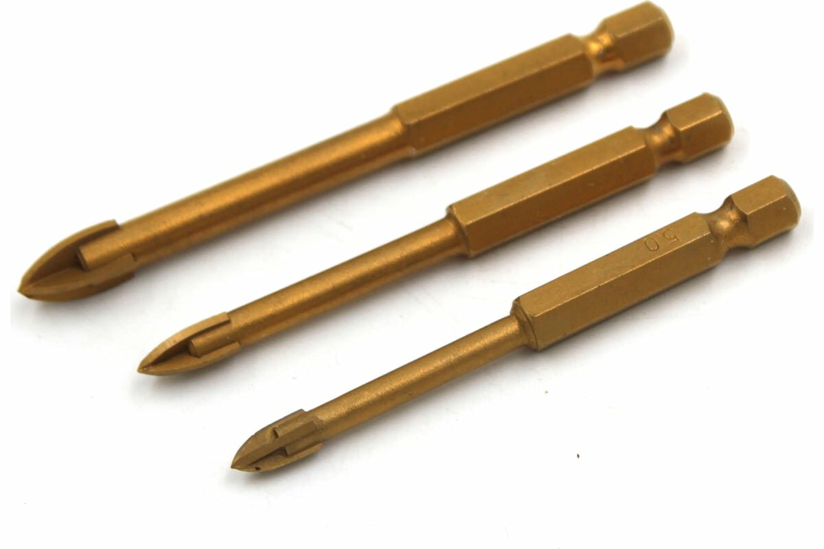 KUBIS Сверло по стеклу и керамике 4 резца набор 3 шт, 5/6/8 мм, TiN, YG6X 07-01-2003