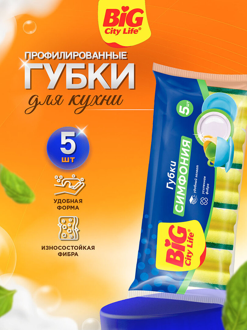 Губки для мытья посуды Big City кухонные профилированные Симфония 5шт