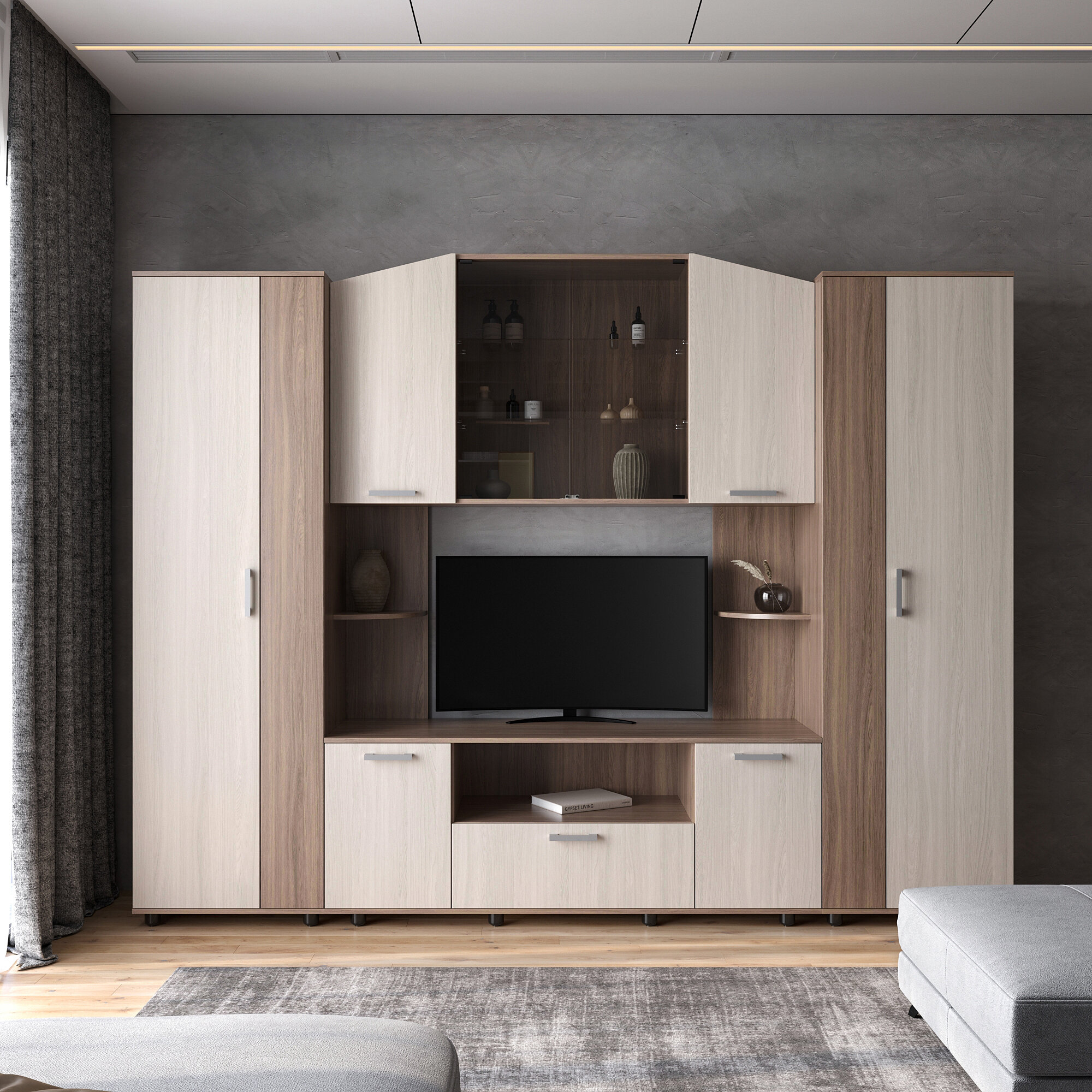 Стенка в гостиную "Ривьера" цвет: ясень шимо темный/ясень шимо светлый размер: 2754x470x2137 мм