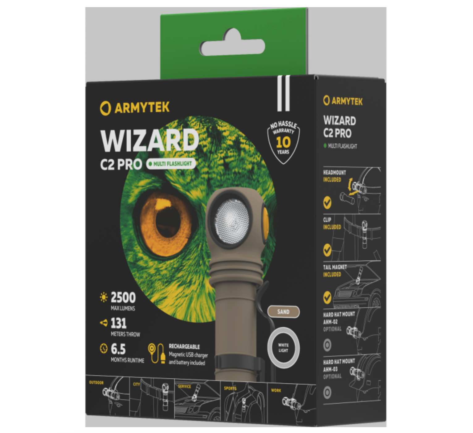 Мультифонарь налобный Armytek Wizard C2 Pro Sand, чехол, холодный свет, аккумулятор (F08701CS)