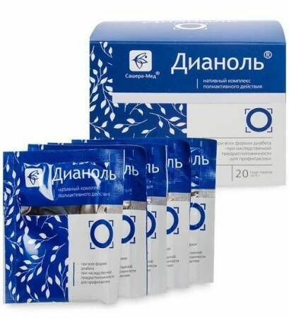Дианоль при диабете, 20 саше-пакетов. При повышенном уровне сахара в крови, артериальном давлении, для поджелудочной железы, предотвращение трофических язв. Сашера-МЕД.