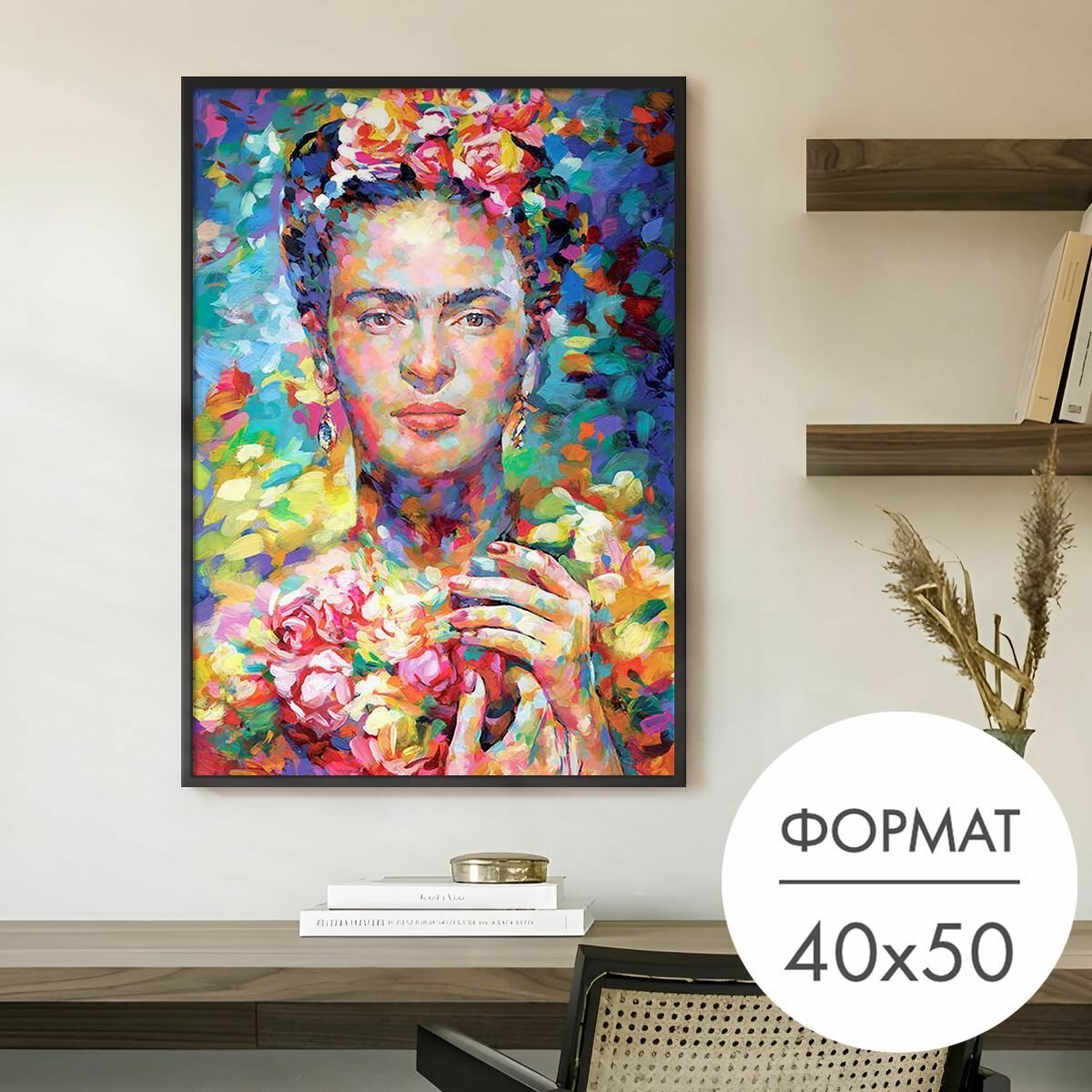 Постер "Фрида Кало в цветах" 40x50 без рамки на стену для интерьера