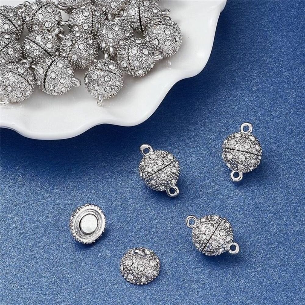 Магнитные застёжки для бижутерии 10 мм, серебро, набор 5 шт, замок-магнит для браслетов и цепочек, металл со стразами, удобная застёжка для handmade украшений